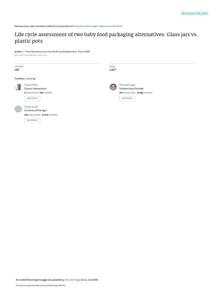 Life Cycle Assessment of Two Baby Food Packaging A | PDF | Life Cycle ...