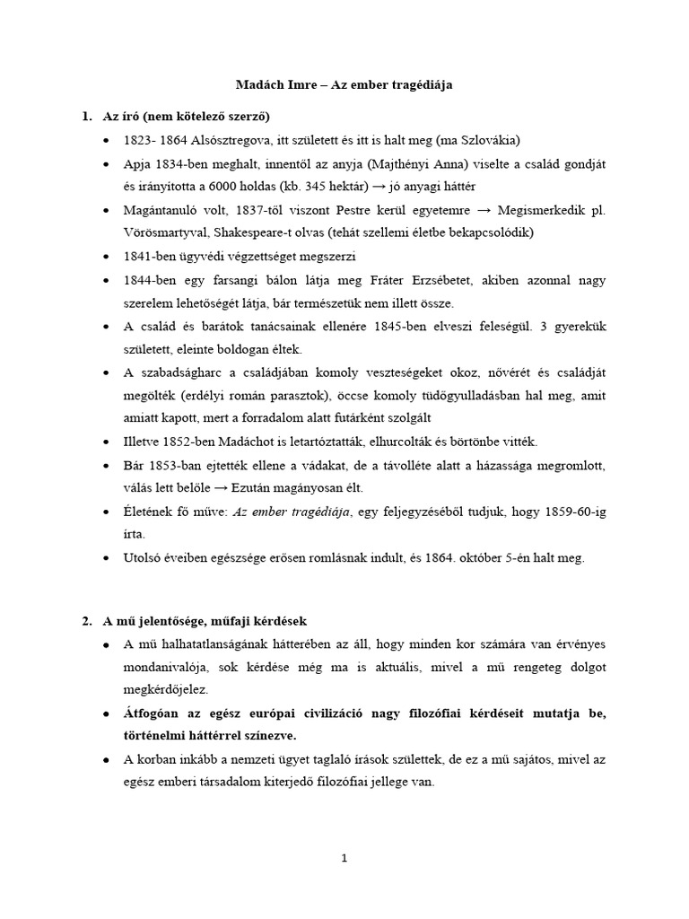 Madách Imre - Az Ember Tragédiája Órai Jegyzet | PDF