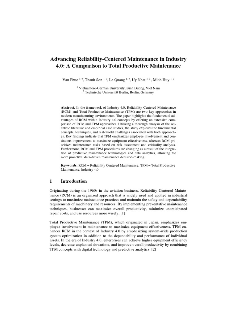 Advancing Reliability-Centered Maintenance in Industry 4.0 A Comparison To Total Productive ...