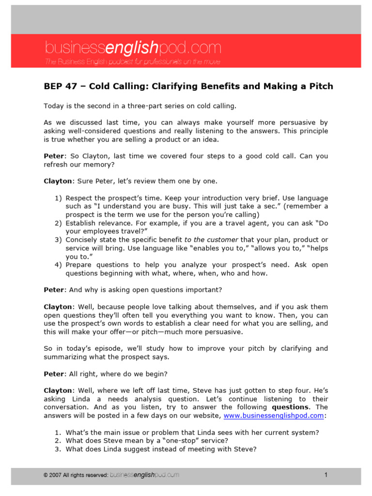 BEP047SN Cold - Calling Pitching | PDF | Question | Human Communication