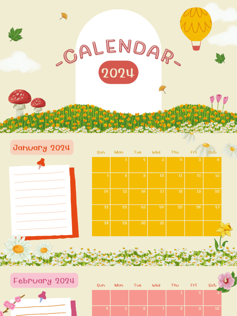 Beige Pastel Floral Cute Monthly Calendar 2024 Calendar | PDF