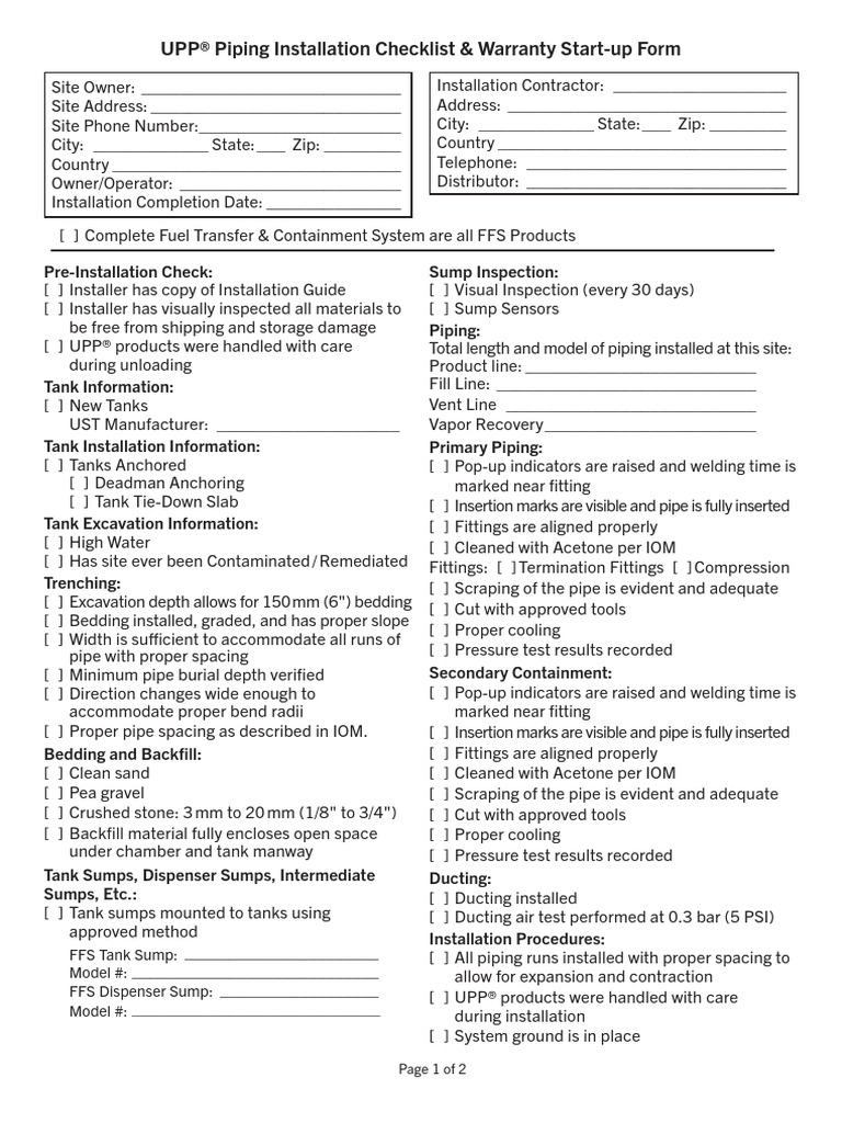 FFS-0132 UPP Pipe Install Checklist and Warranty Form | PDF | Pipe ...