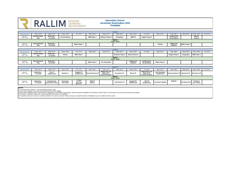 2023 - November Timetable - Final | PDF | Educational Stages