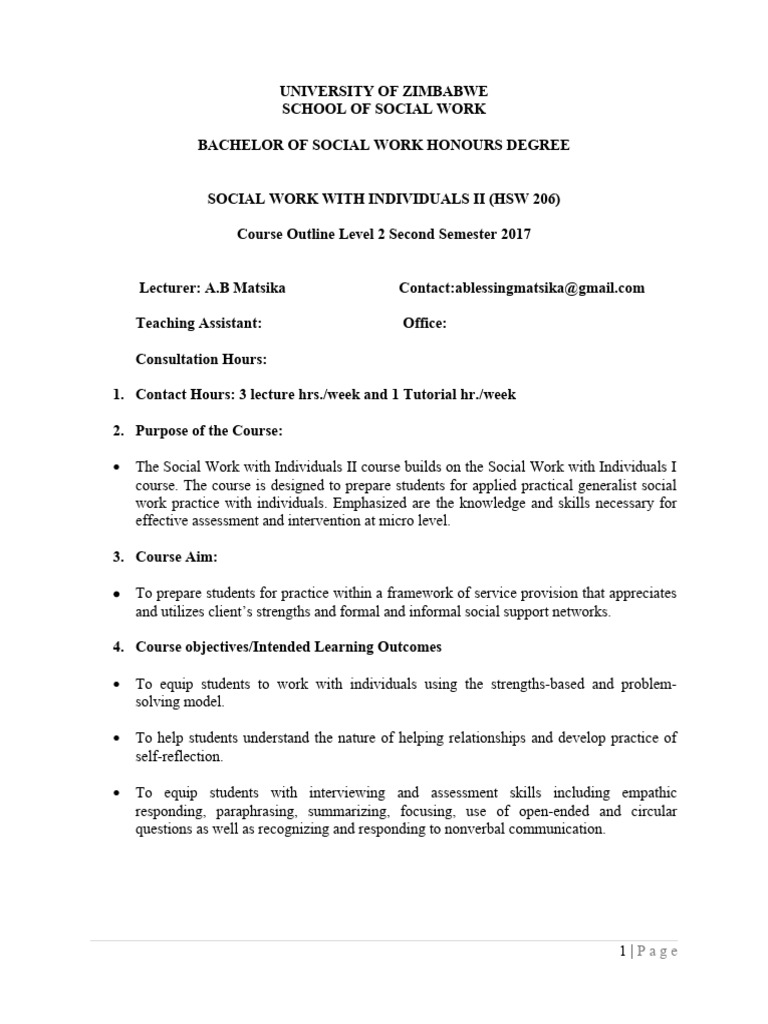 Social Work with Individuals II Course Outline | PDF | Social Work ...