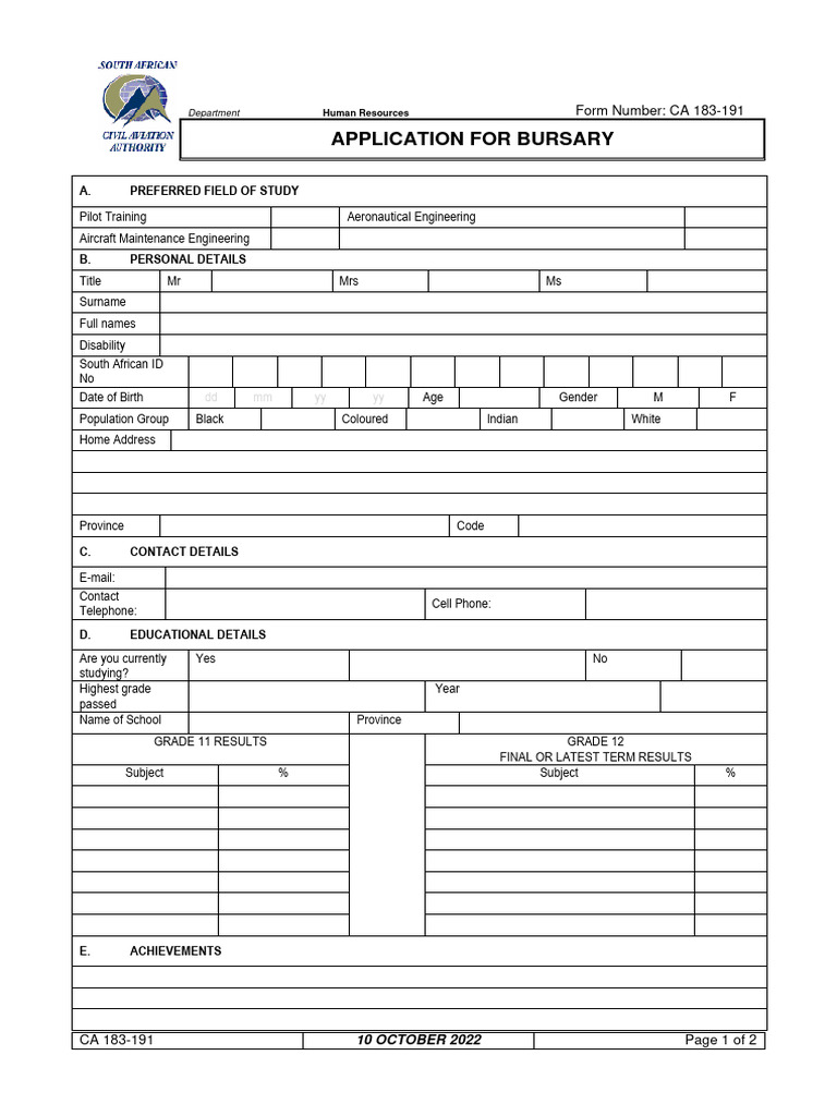 South Africa Bursary Application Form | PDF