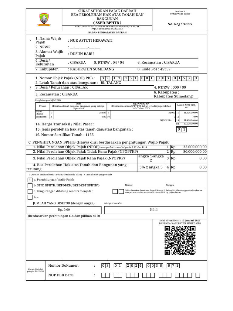 Cetak SSPD - BPHTB Nurastuti | PDF
