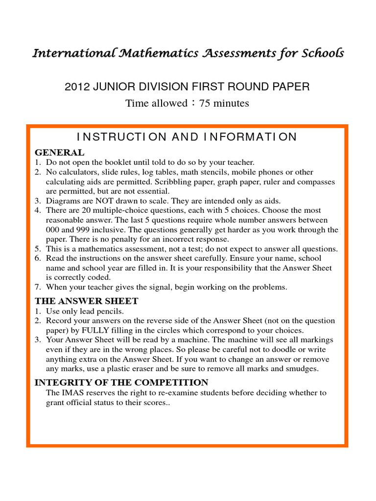 2012 Junior Division Math Assessment | PDF | Triangle | Multiple Choice