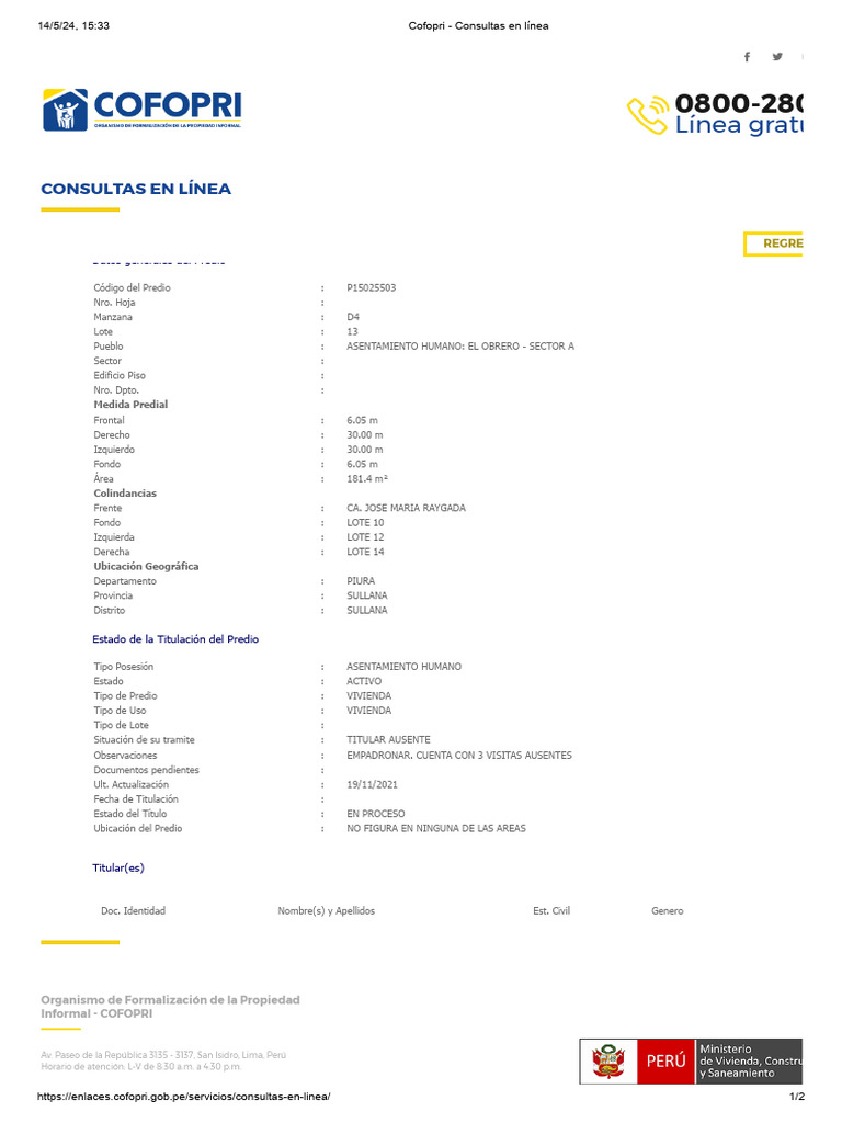 Cofopri - Consultas en Línea | PDF