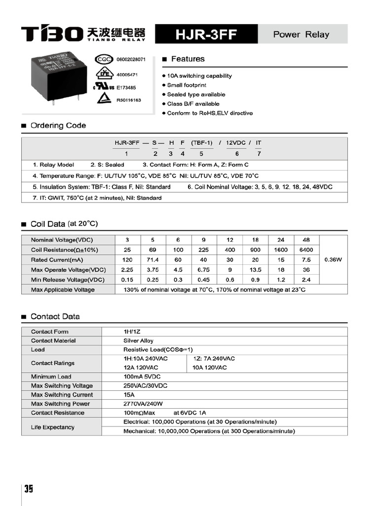 Datasheet 1366519 Tianbo Electronics HJR 3ff S Z 12vdc PCB Relay 12 V ...