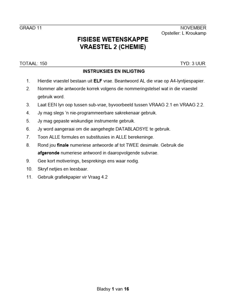 Gr11 Chemie V2 November 2018ontvang | PDF