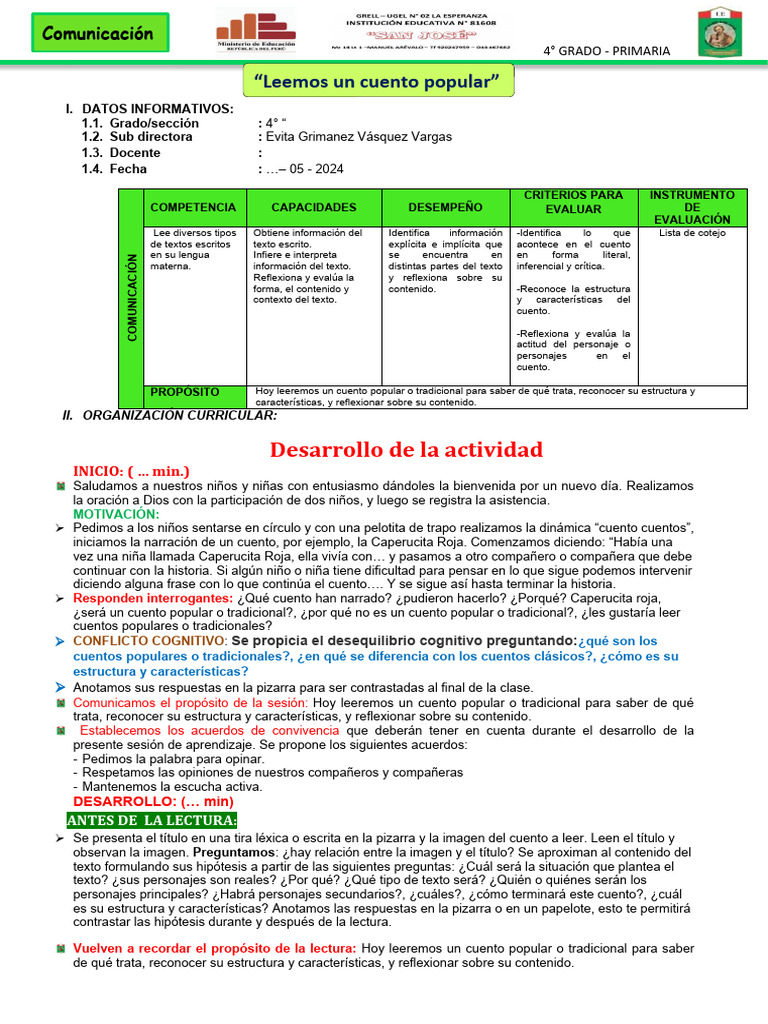 Lectura de Cuentos Populares 4° Grado | PDF | Cuentos