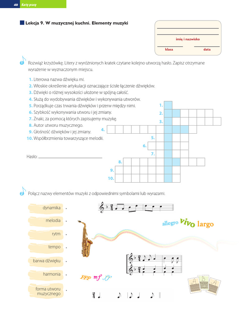 Lekcja Muzyki 6 Karta Pracy 9 W Muzycznej Kuchni Elementy Muzyki | PDF