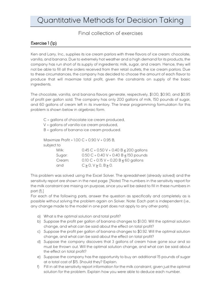 Quantitative Methods for Decision Taking 2023 - Problem Collection ...