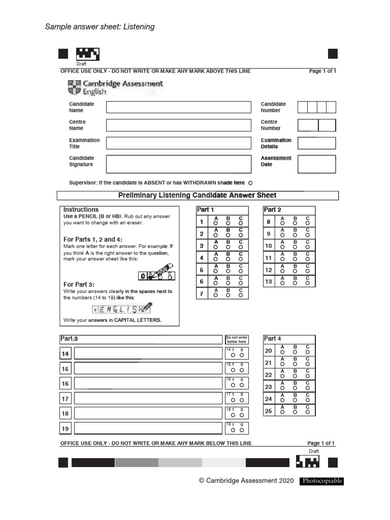 B1 Listening Answer Sheet Sample | PDF | Educational Assessment And ...