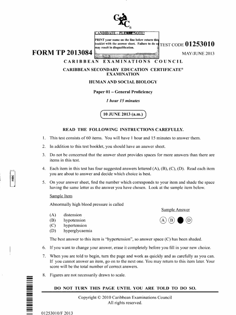 CSEC Human and Social Biology June 2013 P1-Answered | PDF
