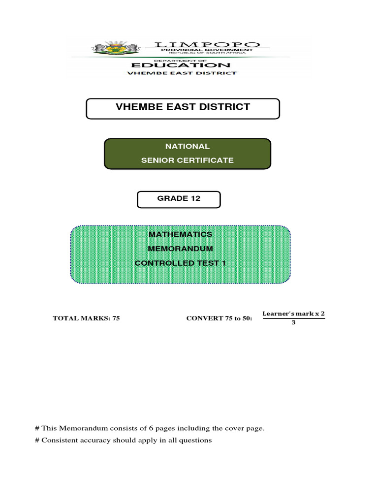 Math Test 1 - Grade - 12 - Memo 2024 | PDF | Mathematics