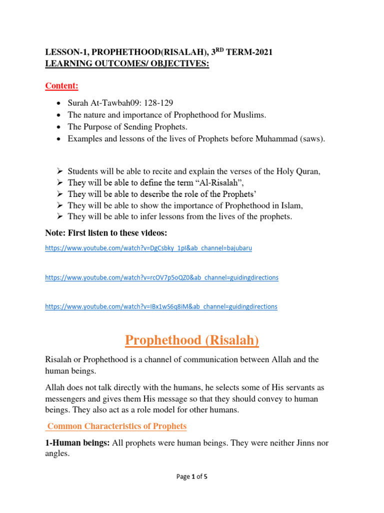 G 8 Lesson-1 (Prophethood) Reading Material | PDF | Prophets And Messengers In Islam | Jesus In ...