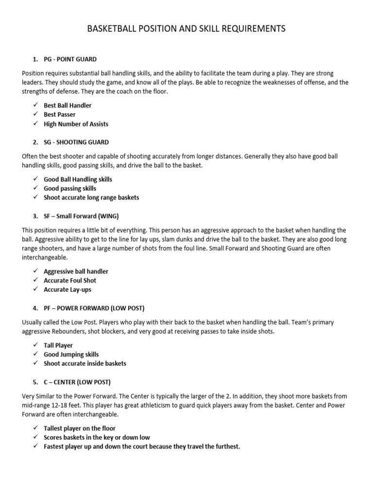 BASKETBALL POSITION AND SKILL REQUIREMENTS | PDF | Basketball Positions ...