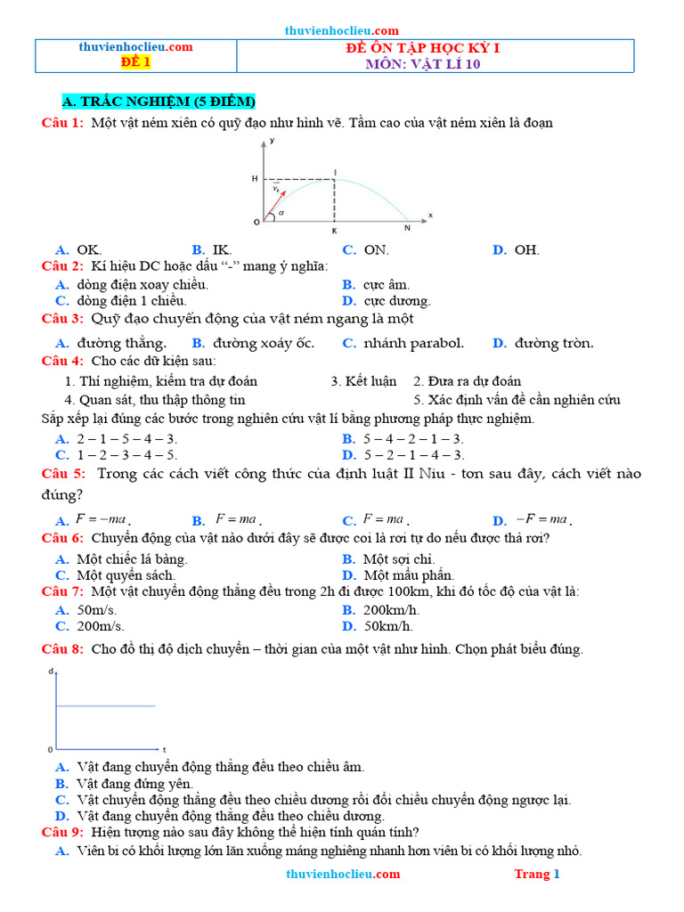 De On Tap HK1 Vat Li 10 de 1 | PDF