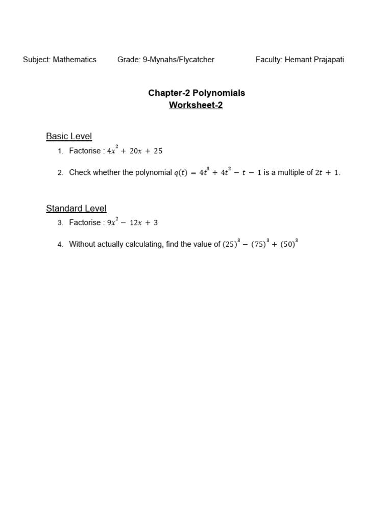 C9 Mynahs & Flycatcher 2024-25 ch2 Polynomial Worksheet 2&3 (Jun-July) | PDF | Teaching Methods ...
