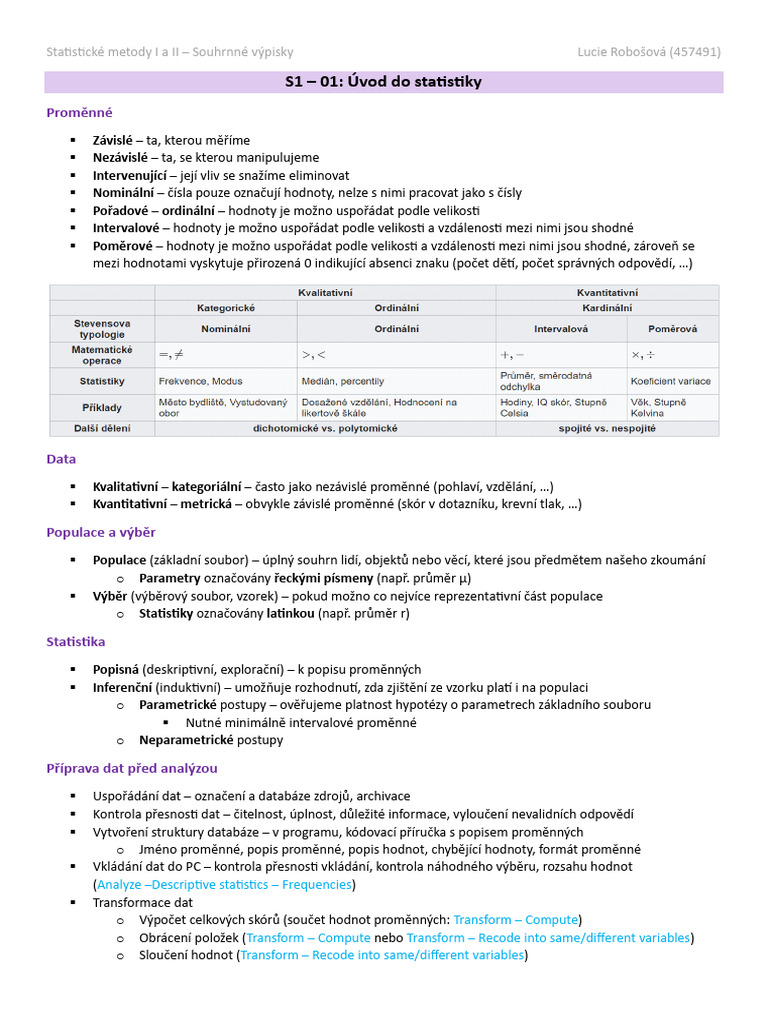 Statistické Metody I A II - Souhrnné Výpisky | PDF