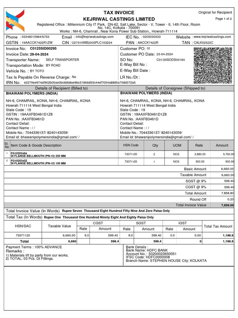 Invoice-C0125sid00295 (Bhawani Polymers) | PDF | Invoice | Taxes