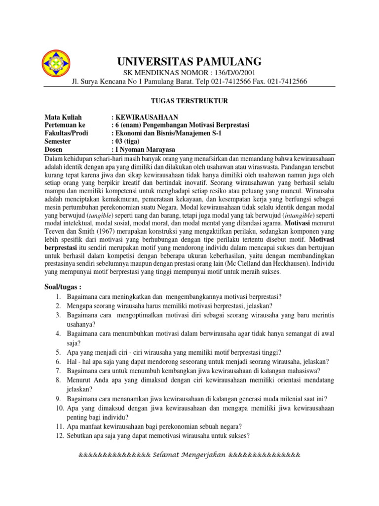 Tugas KWH Pertemuan 6 Pengembangan Motivasi Berprestasi | PDF | Karier & Perkembangan