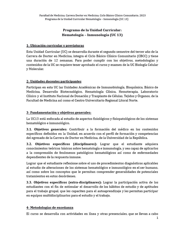 Programa UC 13 Hematología Inmunología - 2023. | PDF | Sistema inmune ...