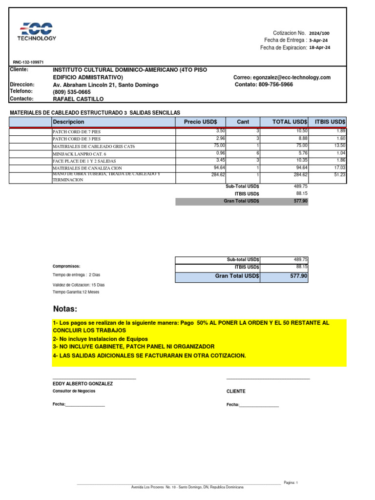 COTIZACION DE 3 SALIDAS DE CABLEADO 4TO PISO EDIFICIO ADMINISTRATIVO DOMINICO AMERICANO) v1 ...