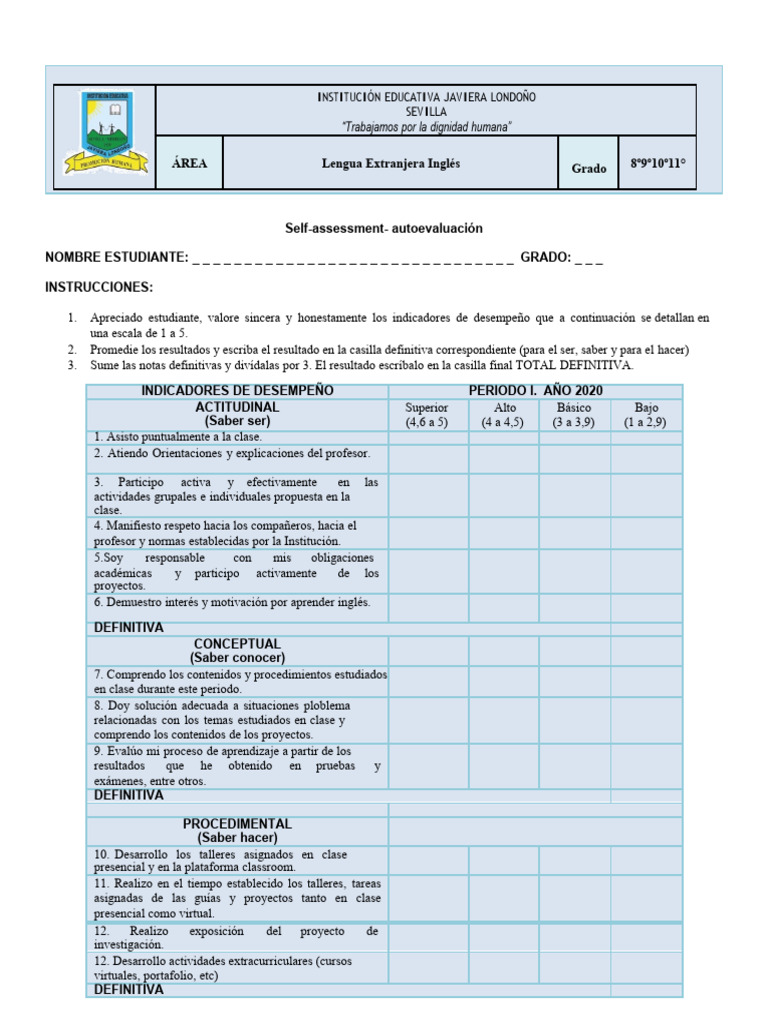 Autoevaluación Inglés Grados 8-11 | PDF | Aprendizaje | Modificación de ...