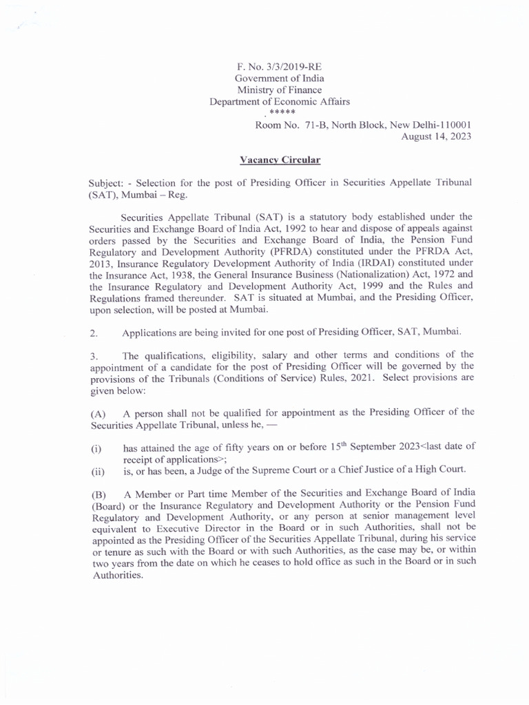 Vacancy Circular For Presiding Officer Signed 14 August 2023 - 0 | PDF