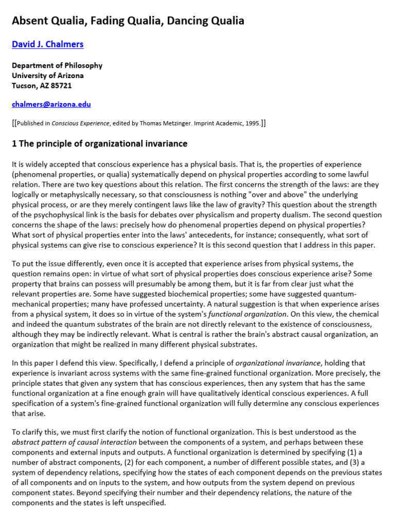 Absent Qualia, Fading Qualia, Dancing Qualia | PDF | Qualia | Cognitive ...