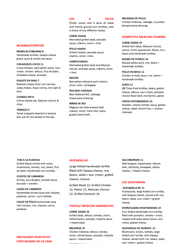 Authentic Mexican Starters & Tacos Menu | PDF | Mexican Cuisine | Cooking