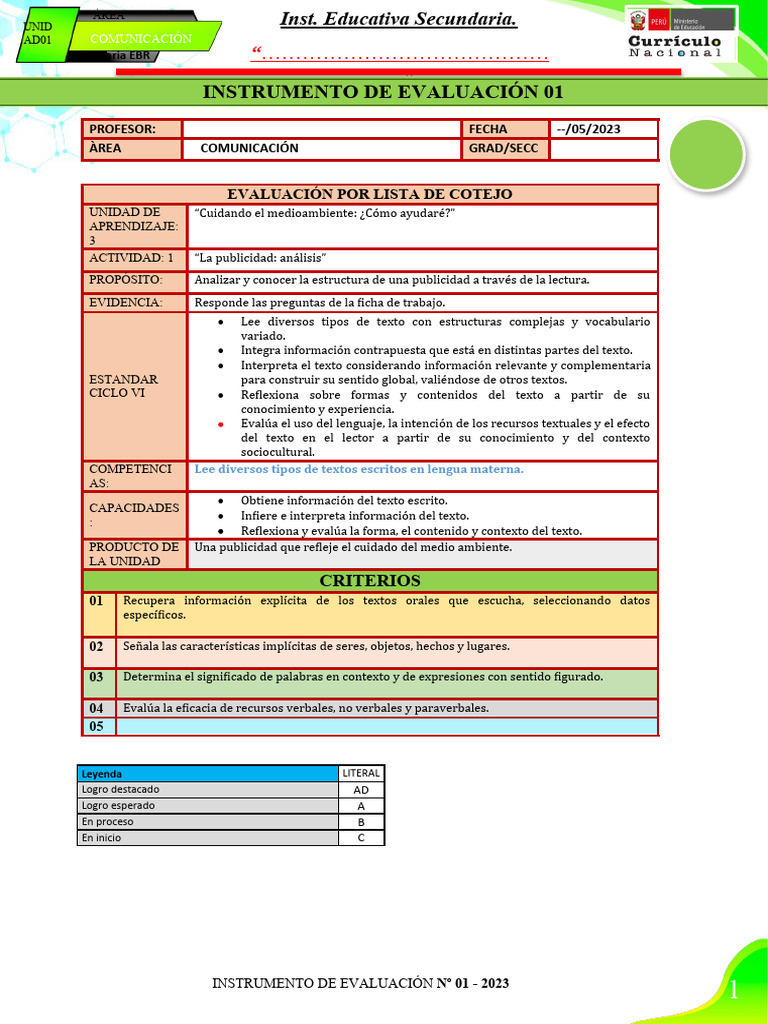 1º LC 1 Com U3 Sem 01 - 2023 | PDF | Evaluación | Comunicación