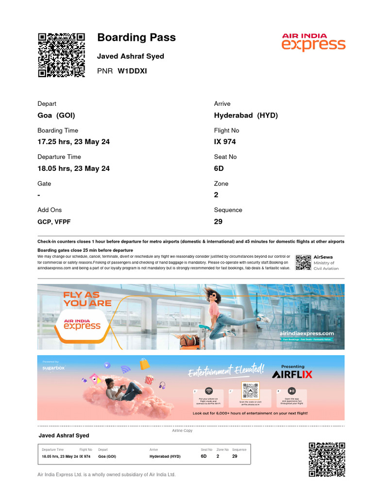 Boarding Pass (GOI-HYD) | PDF