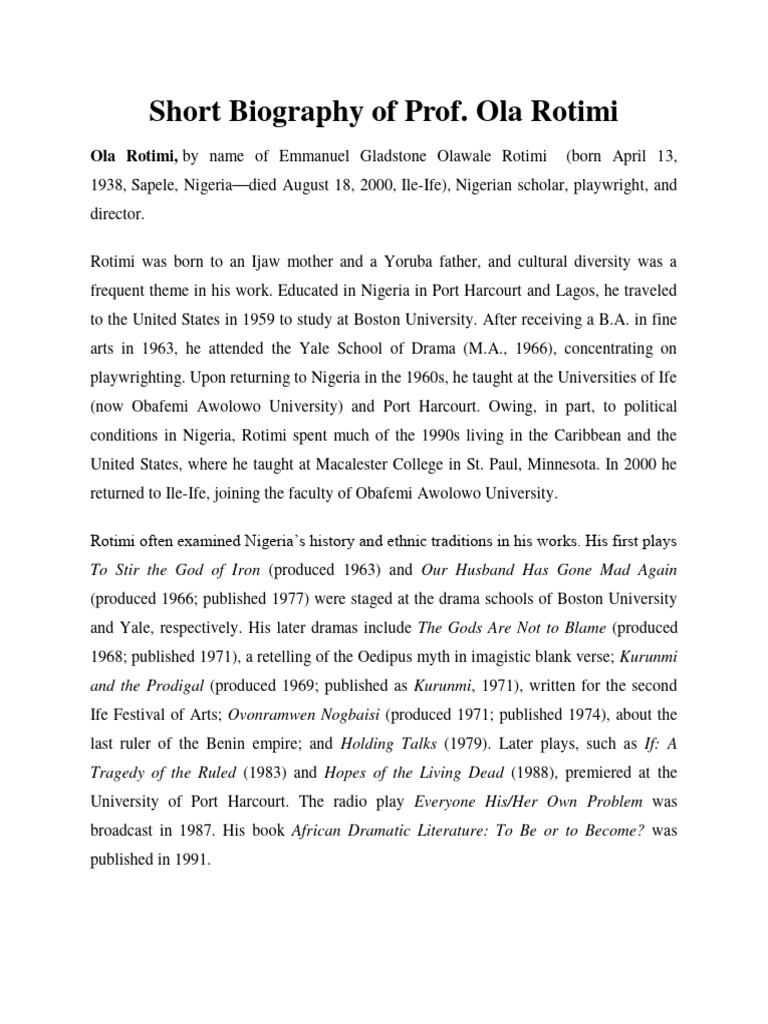 Short Biography of Prof Ola Rotimi | PDF | General Fiction