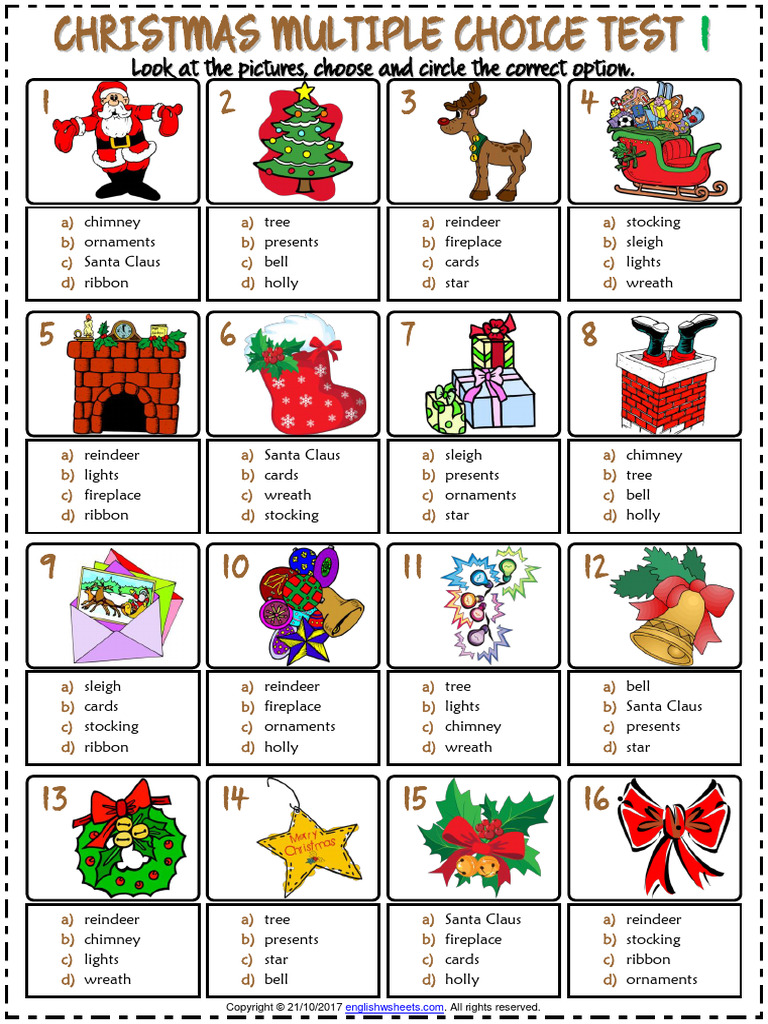 Christmas Vocabulary Esl Multiple Choice Tests For Kids | PDF | Santa ...
