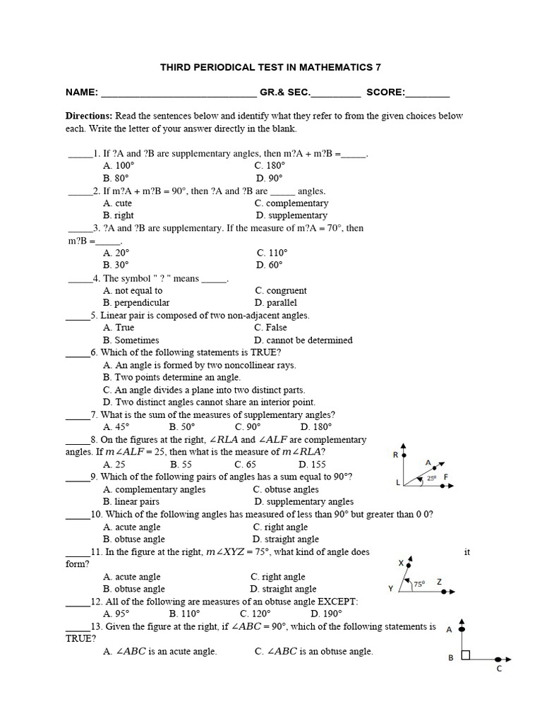 Math 7 Periodical Test Questions | PDF | Perpendicular | Elementary ...