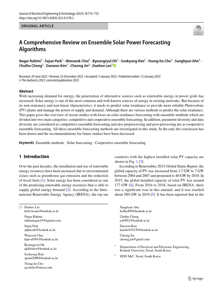A Comprehensive Review On Ensemble Solar Power Forecasting Algorithmsjournal Of Electrical