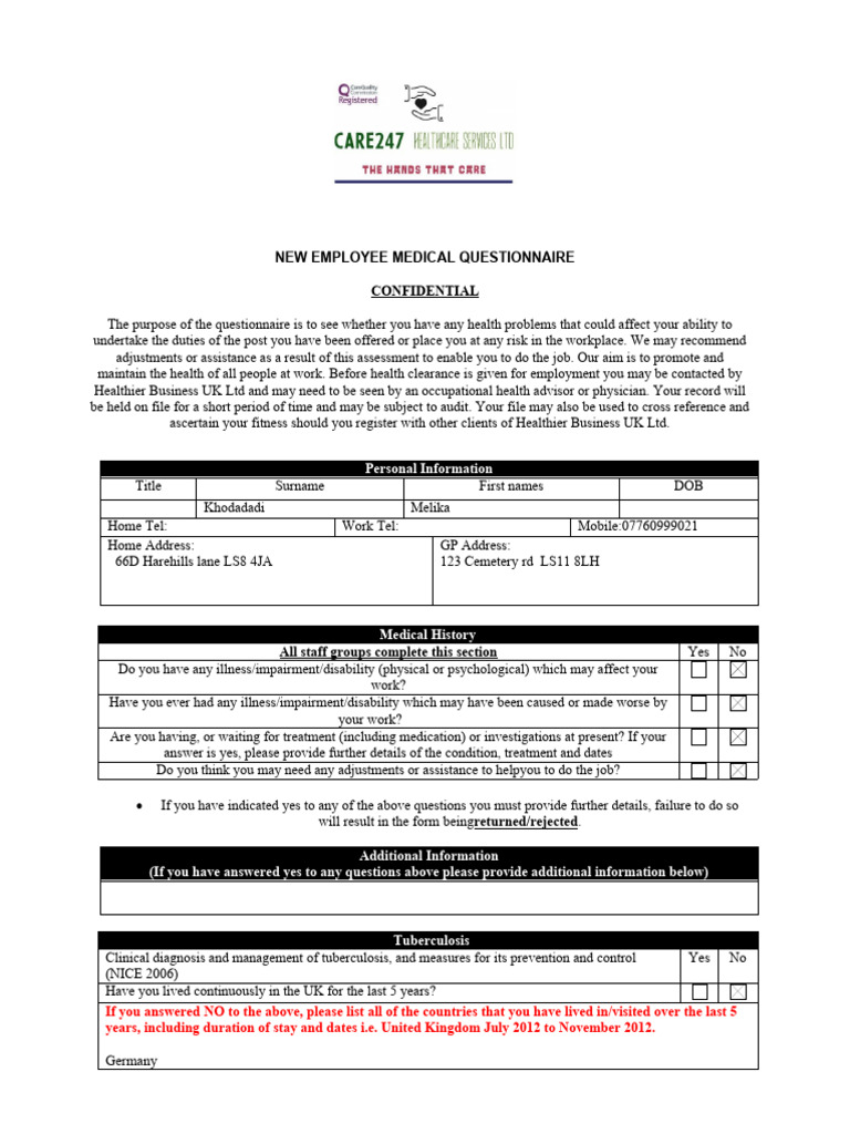 New Employee Health Questionnaire | PDF | Tuberculosis | Measles