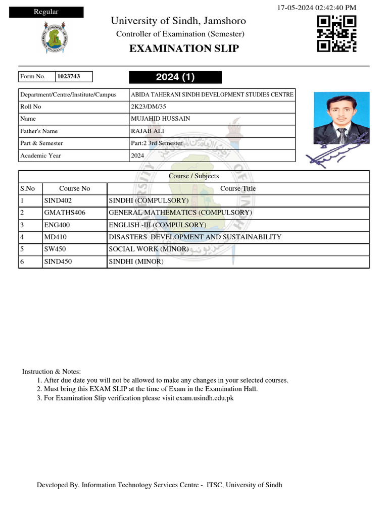Examination Slip: University of Sindh, Jamshoro | PDF