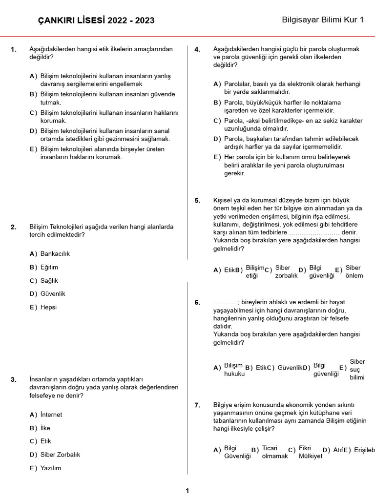 Bilgisayar Bilimi Kur 1 | PDF