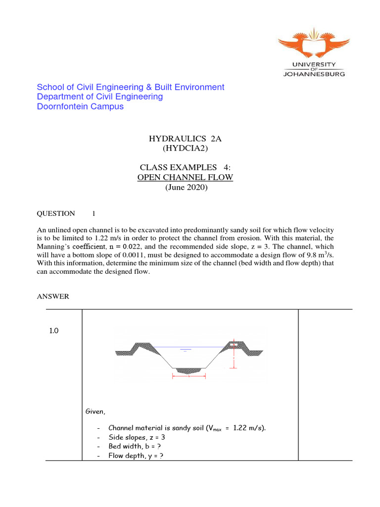 Class Examples 4, Open Channel Flow | PDF | Physical Geography | Earth ...