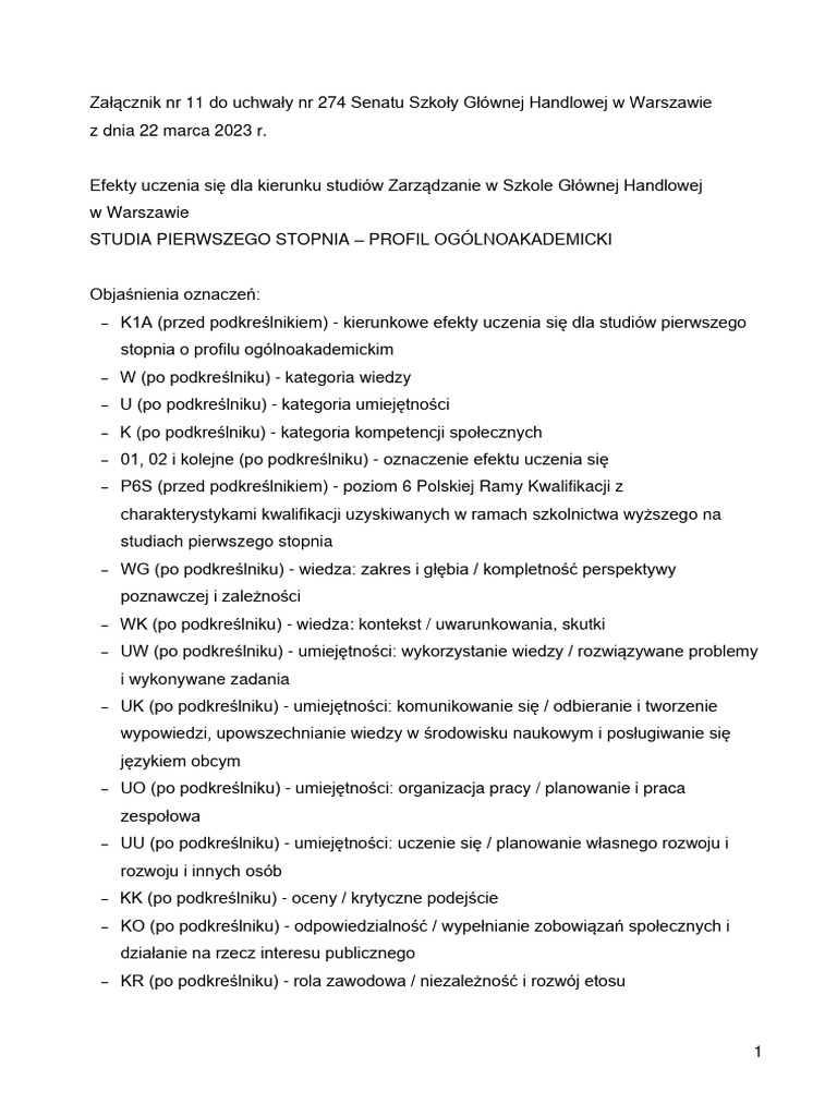 US 274 2020 2024 Zal 11 Efekty Uczenia Zarzadzanie Lic | PDF