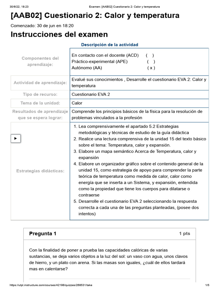 Examen - (AAB02) Cuestionario 2 - Calor y Temperatura | PDF | Flotabilidad | Temperatura