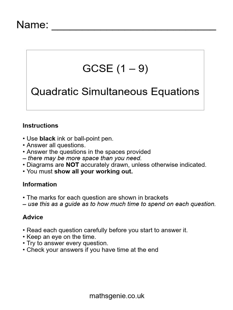 GCSE Quadratic Simultaneous Equations | PDF | Equations | Mathematics