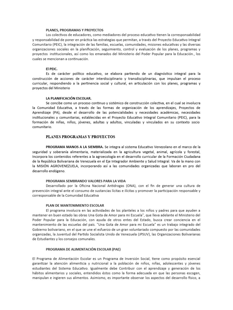 planes programas y proyectos educativos | Descargar gratis PDF | Venezuela | Uso eficiente de ...