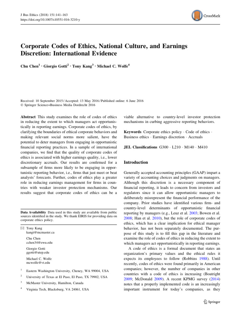 Corporate Codes of Ethics, National Culture, and Earnings Discretion - International Evidence ...