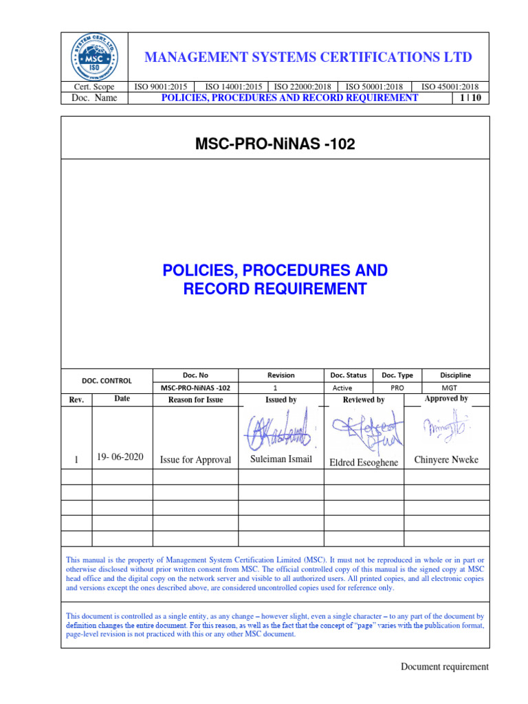 MSC-PRO-NiNAS - 072 - Policies, Procedures and Record Requirement, Rev ...
