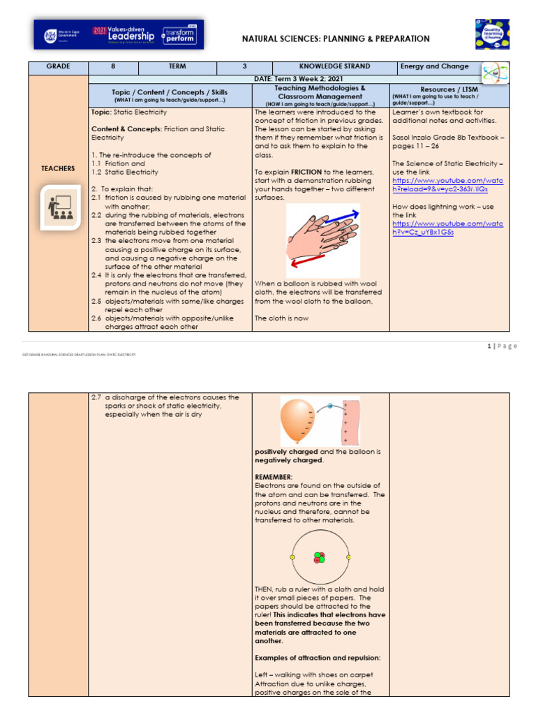 Lesson Plan GET SP Gr. 8 Natural Sciences T3 W2 | PDF | Electric Charge ...